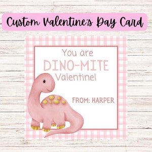 Pink Dino-mite Valentine - Custom Valentine's Day Card Gift Tag - Kids ...