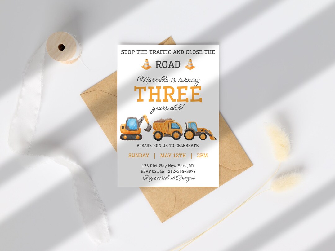 Stop the Traffic Birthday Invitation, Construction Theme, 5x7 Editable ...