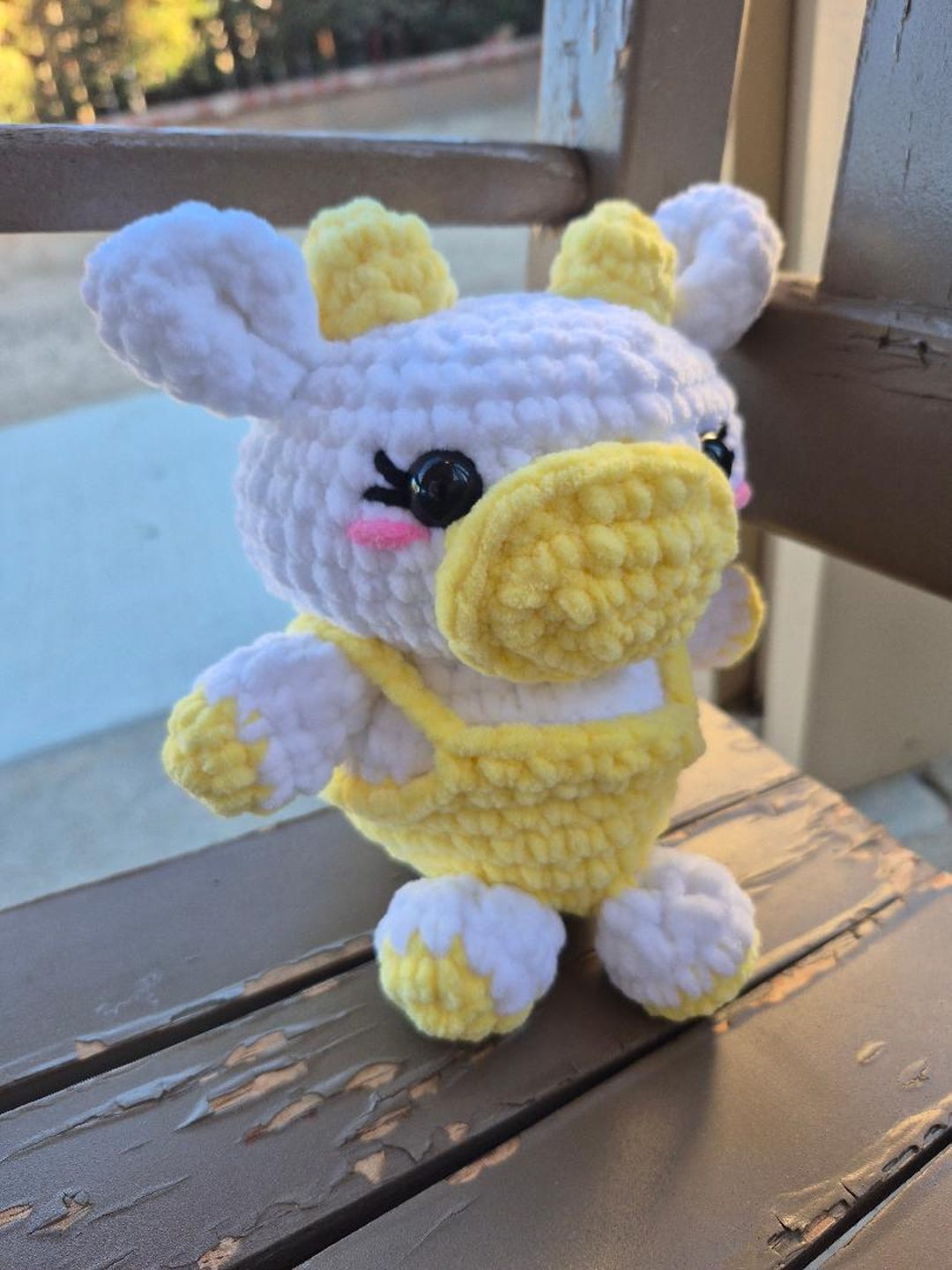 Crocheted Cow Plushie, Yellow Overalls, Chunky Yarn Stuffed Animal - Etsy
