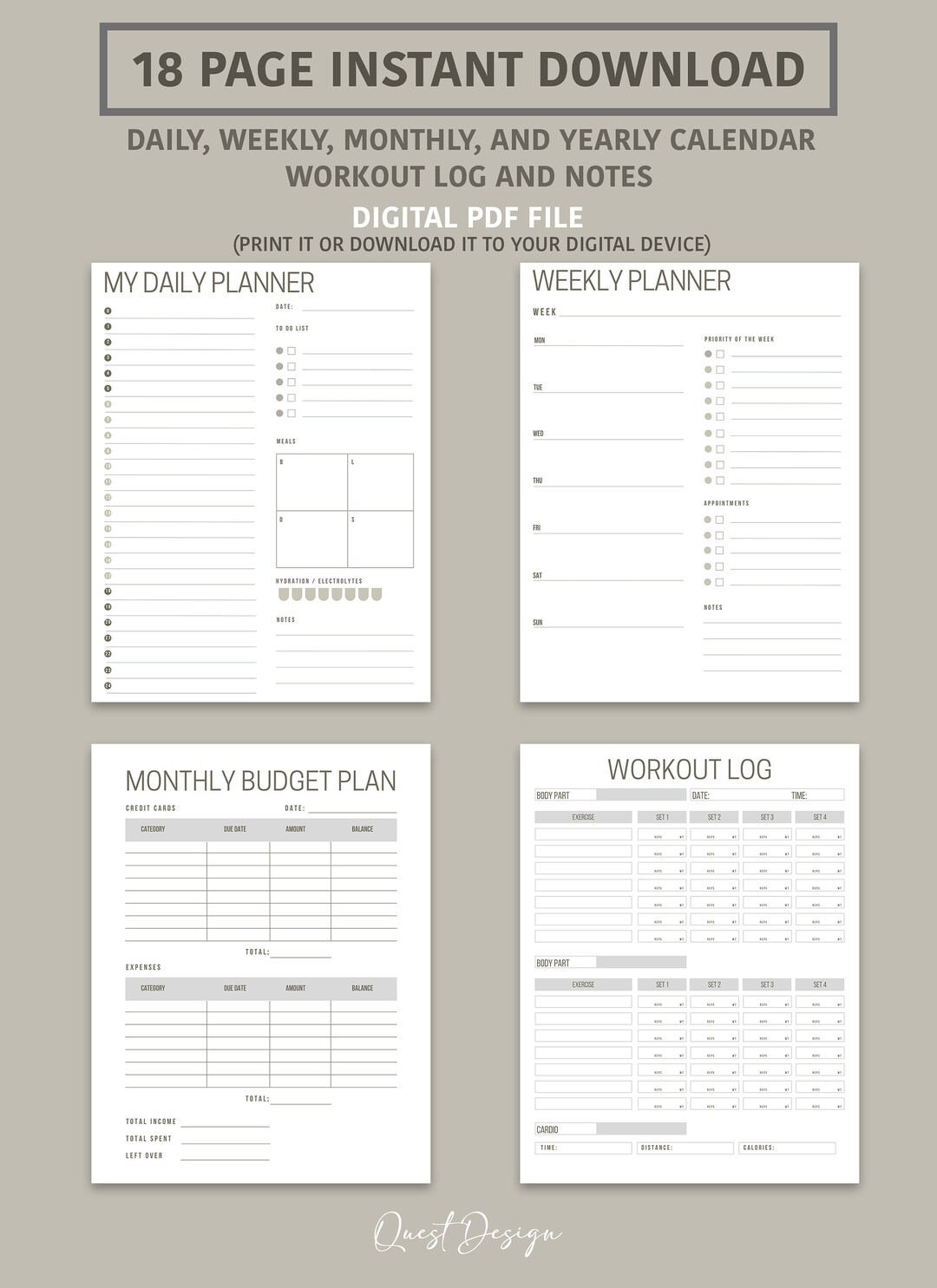 Daily, Weekly, Monthly, Yearly Planner With Workout Log and Notes - Etsy