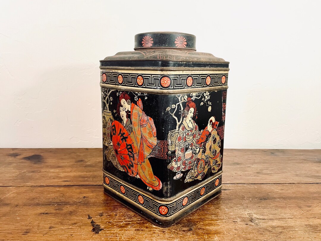 Vintage Asian Chinoiserie Large Tea Tin / Geisha Advertisement Black ...