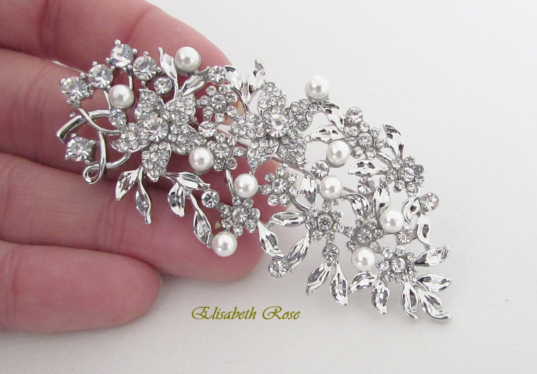 Floral Silver Wedding Brooch, Silver and White Pearl Brooch for Wedding ...