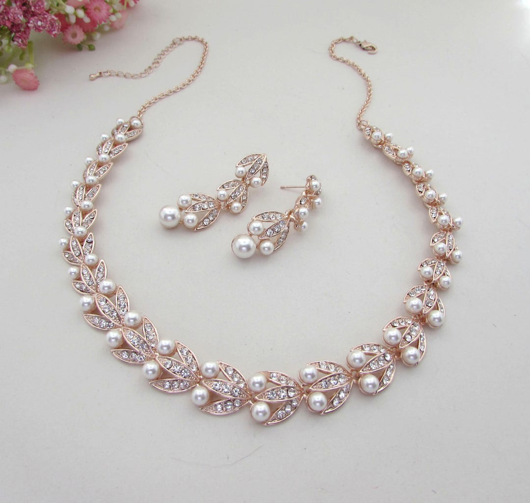 Rose Gold Necklace and Earrings for Wedding Day, Matching Jewellery Set ...