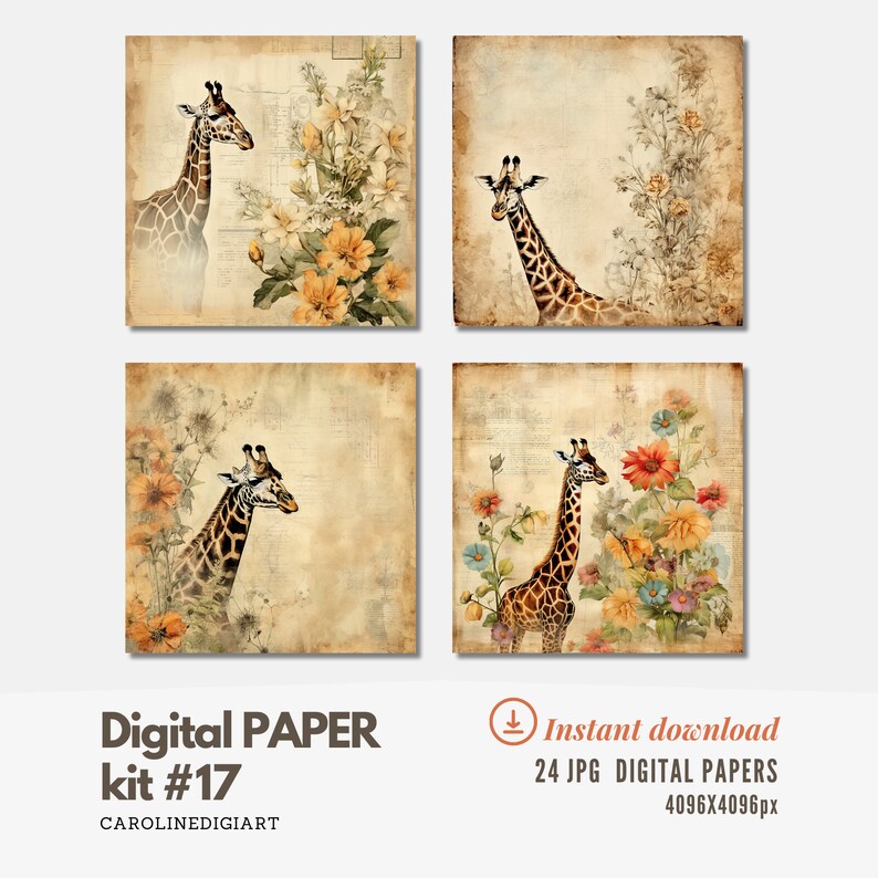 GIRAFFE Digital Paper Bundle Junk Journal African Animals Pattern ...
