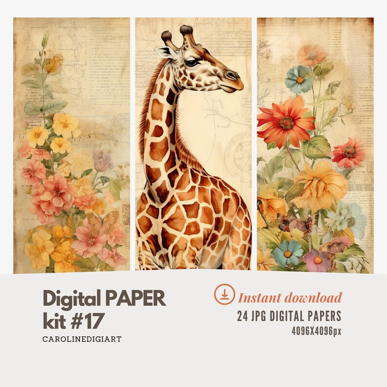 GIRAFFE Digital Paper Bundle Junk Journal African Animals Pattern ...