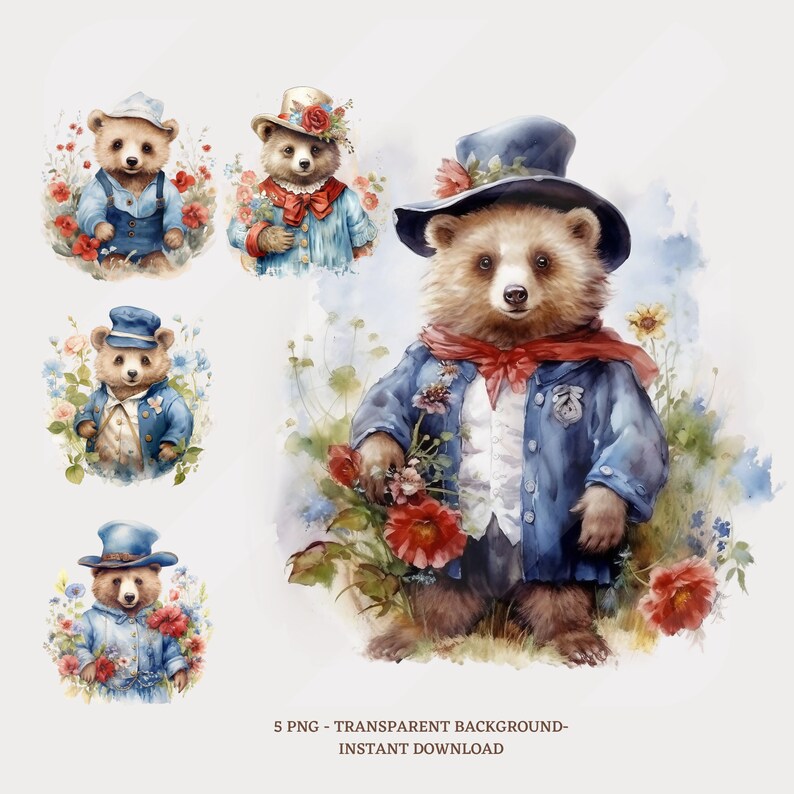 5 PNG Vintage Bear Illustrations Cottage Watercolor Bears in Vintage ...