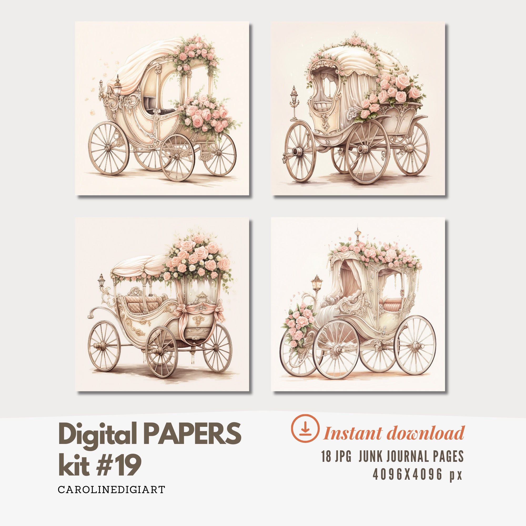 Princess Carriage Digital Paper Bundle Junk Journal Flowers Wedding ...