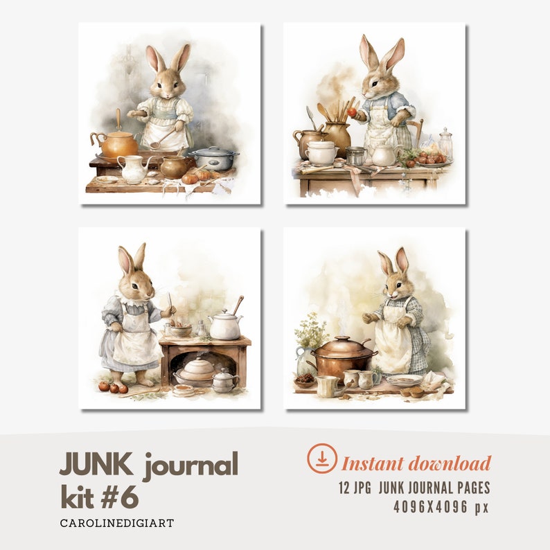 12 Printable Bunny PAGES Bunnies | Digital Paper Set for Junk Journals ...