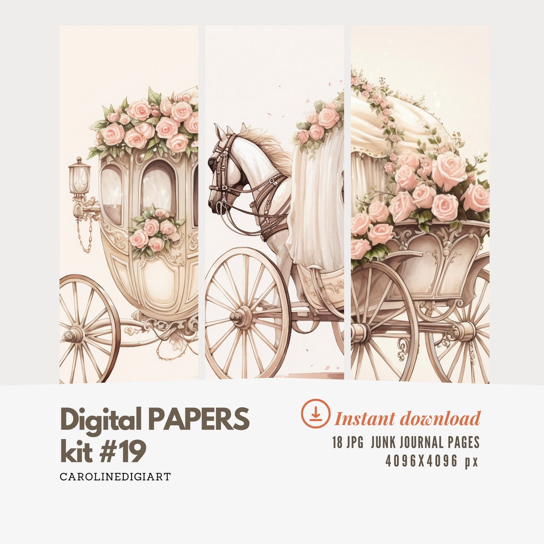 Princess Carriage Digital Paper Bundle Junk Journal Flowers Wedding ...