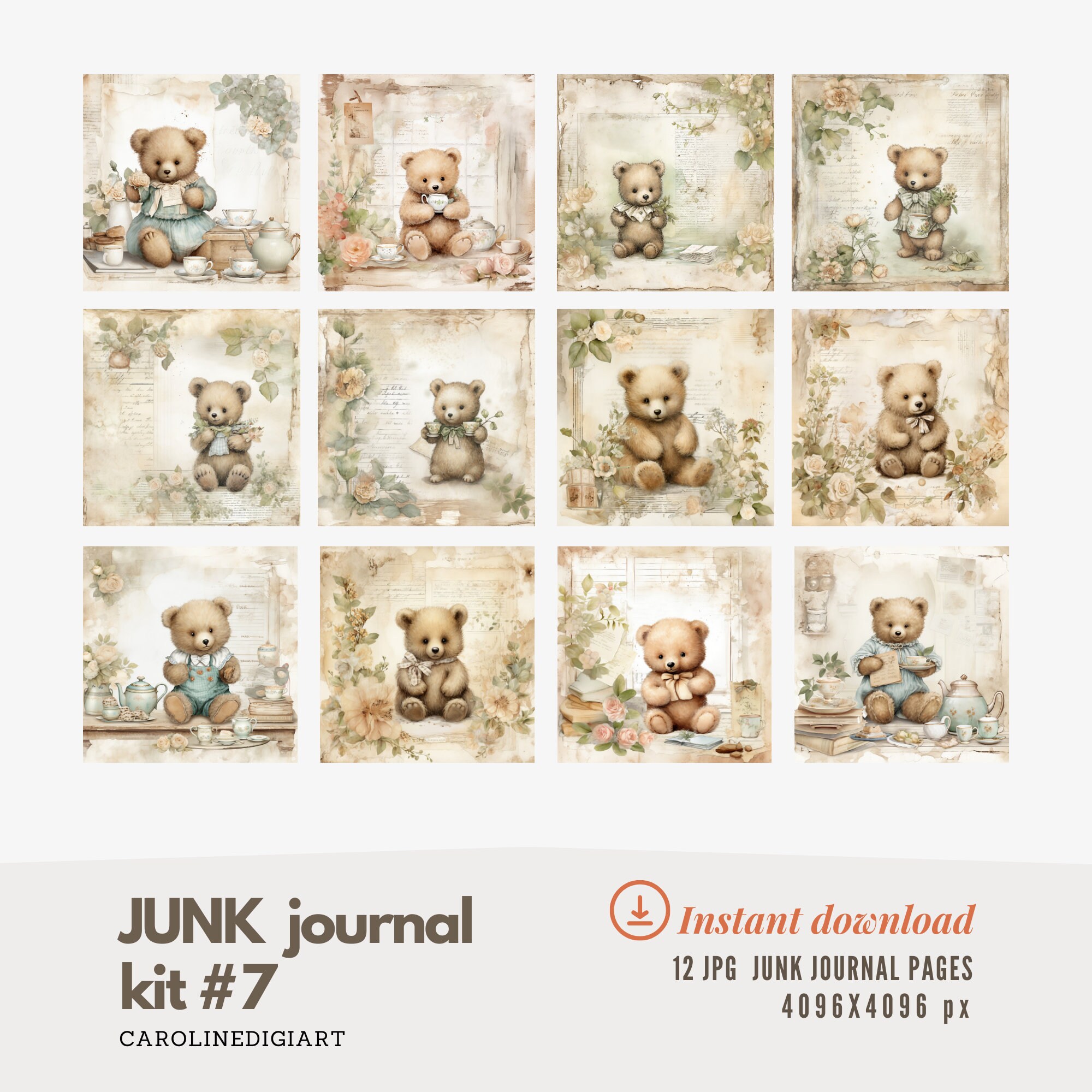 Bear Digital Paper Set for Junk Journals, Vintage Sketch and Watercolor ...