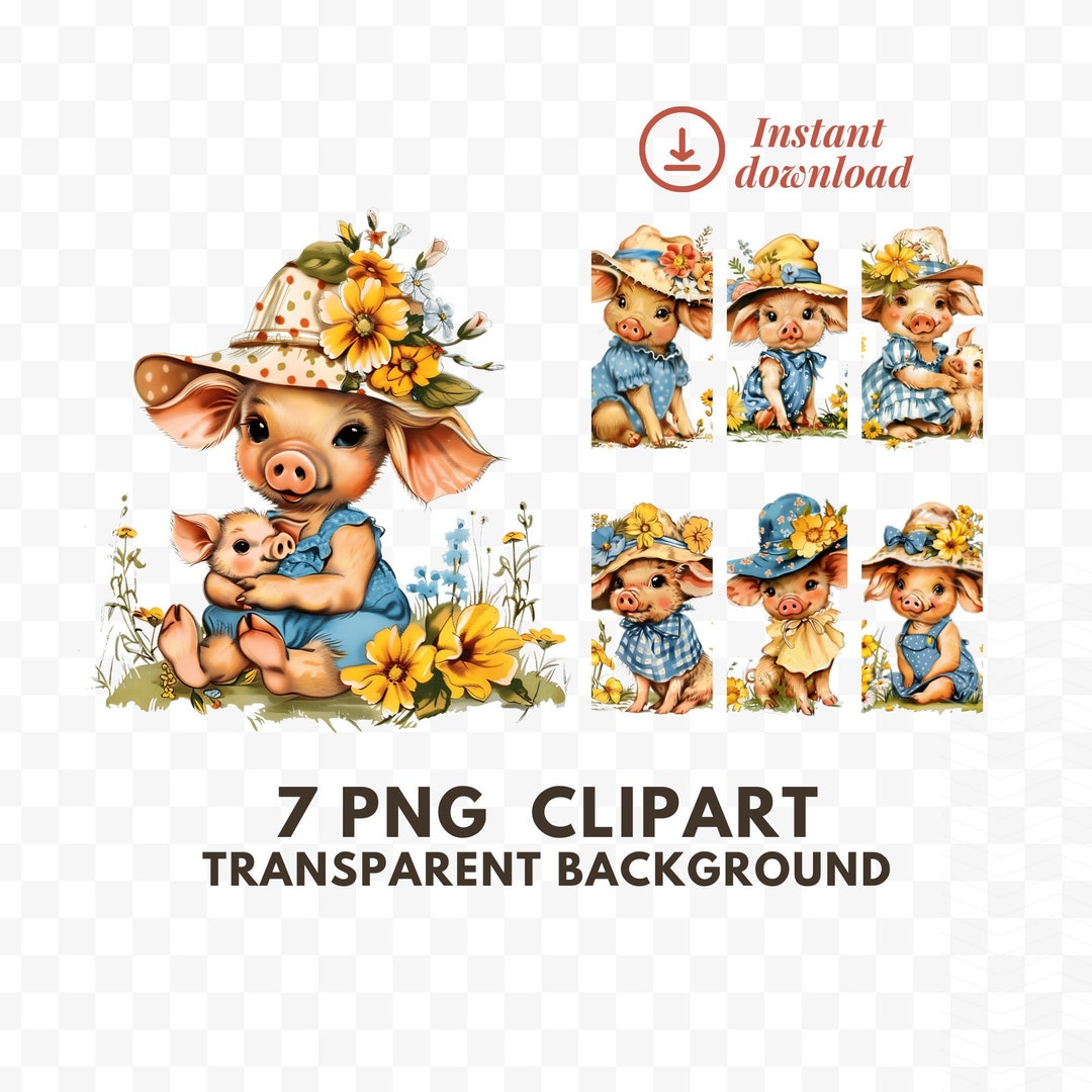 7 PNG Little Baby Pig , Cottage Pig Clipart, Vintage Cute Baby Pig, Png ...