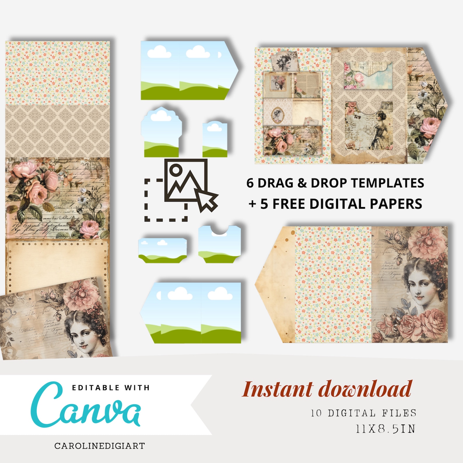 Canva Template Drag and Drop, Junk Journal Folio Templates Pockets ...