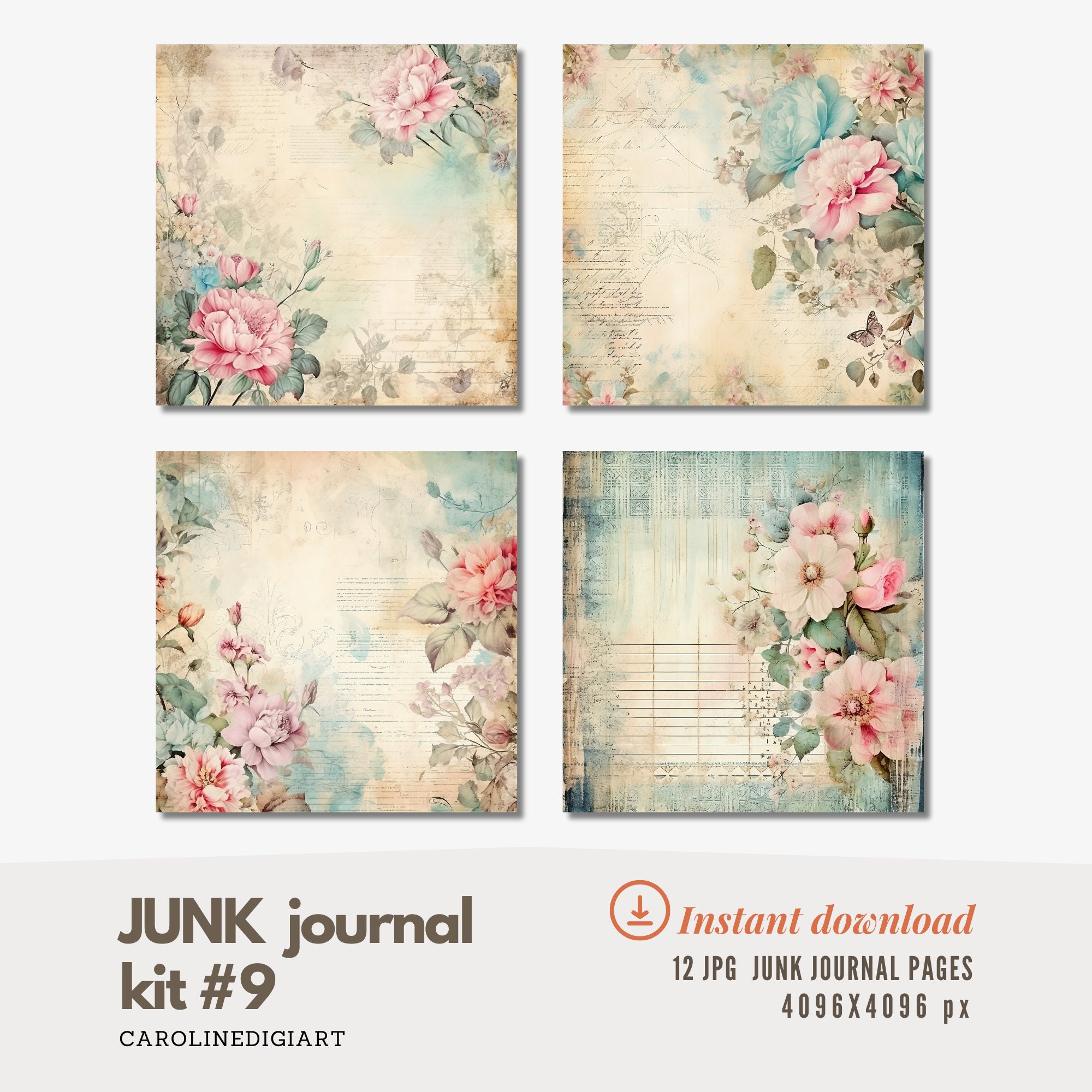 Vintage Flowers Digital Paper Bundle Shabby Chic Retro Illustration ...