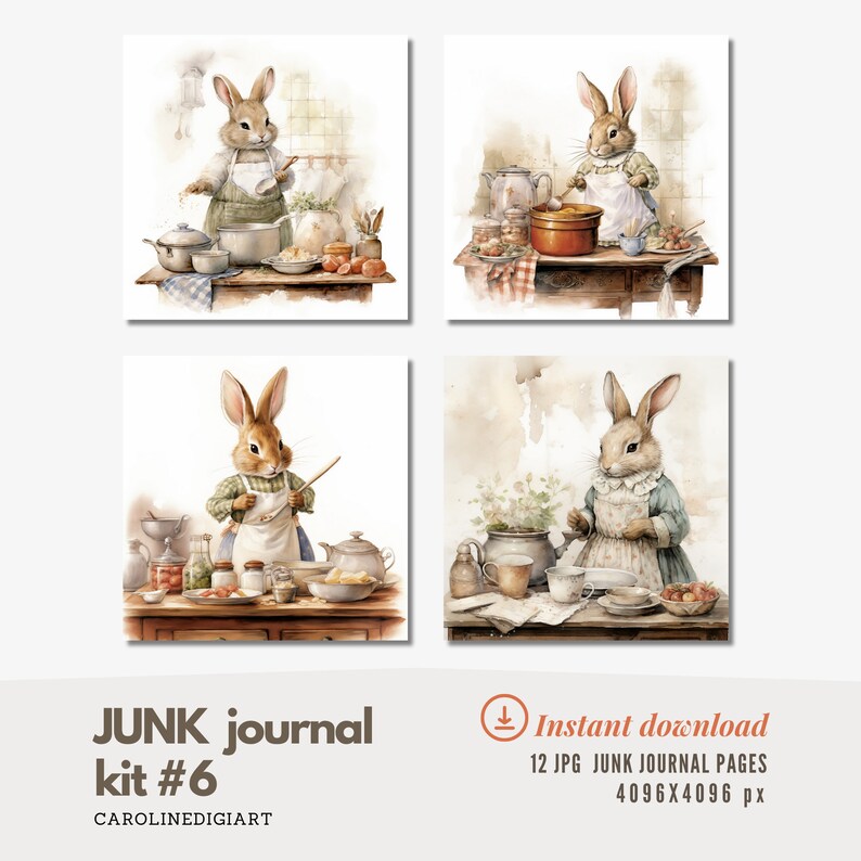 12 Printable Bunny PAGES Bunnies | Digital Paper Set for Junk Journals ...