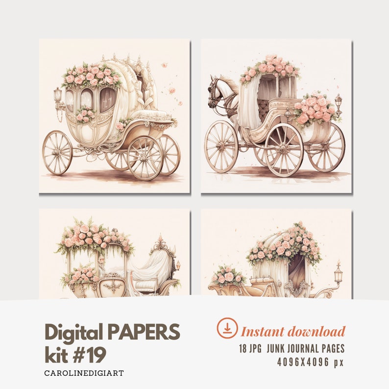 Princess Carriage Digital Paper Bundle Junk Journal Flowers Wedding ...