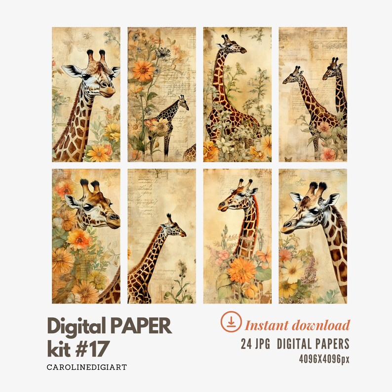 GIRAFFE Digital Paper Bundle Junk Journal African Animals Pattern ...