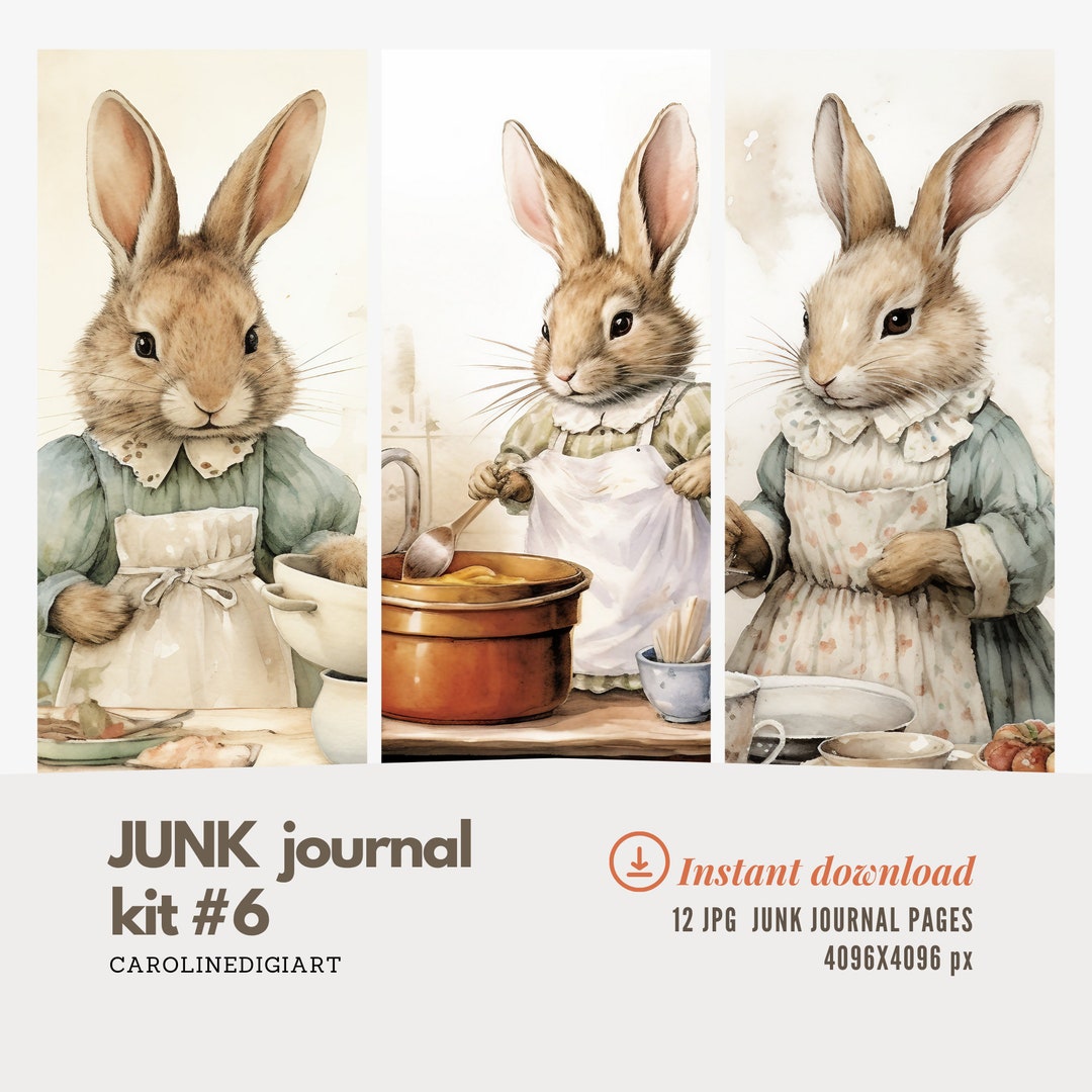 Bunnies Digital Paper Set for Junk Journals, Vintage Sketch and ...