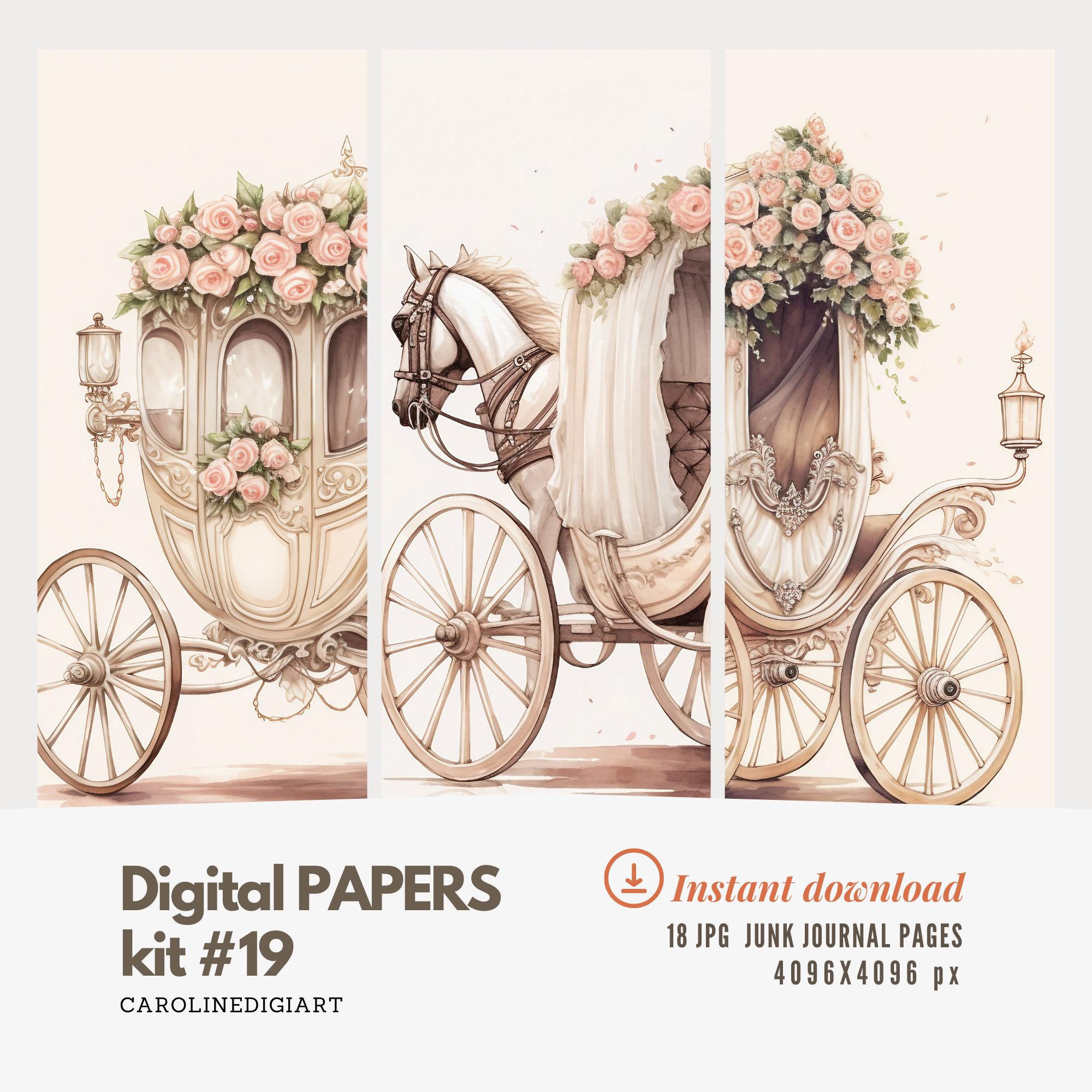 Princess Carriage Digital Paper Bundle Junk Journal Flowers Wedding ...
