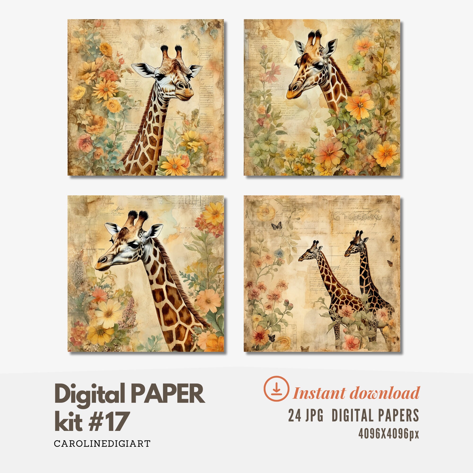 GIRAFFE Digital Paper Bundle Junk Journal African Animals Pattern ...