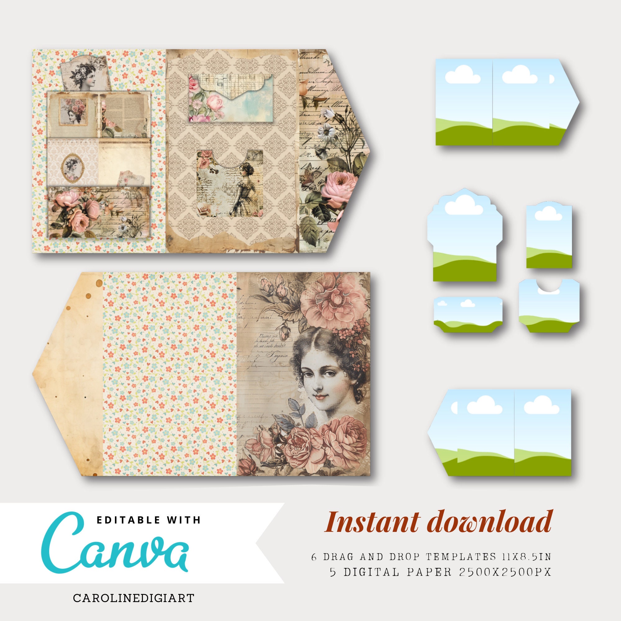 Canva Template Drag and Drop, Junk Journal Folio Templates Pockets ...