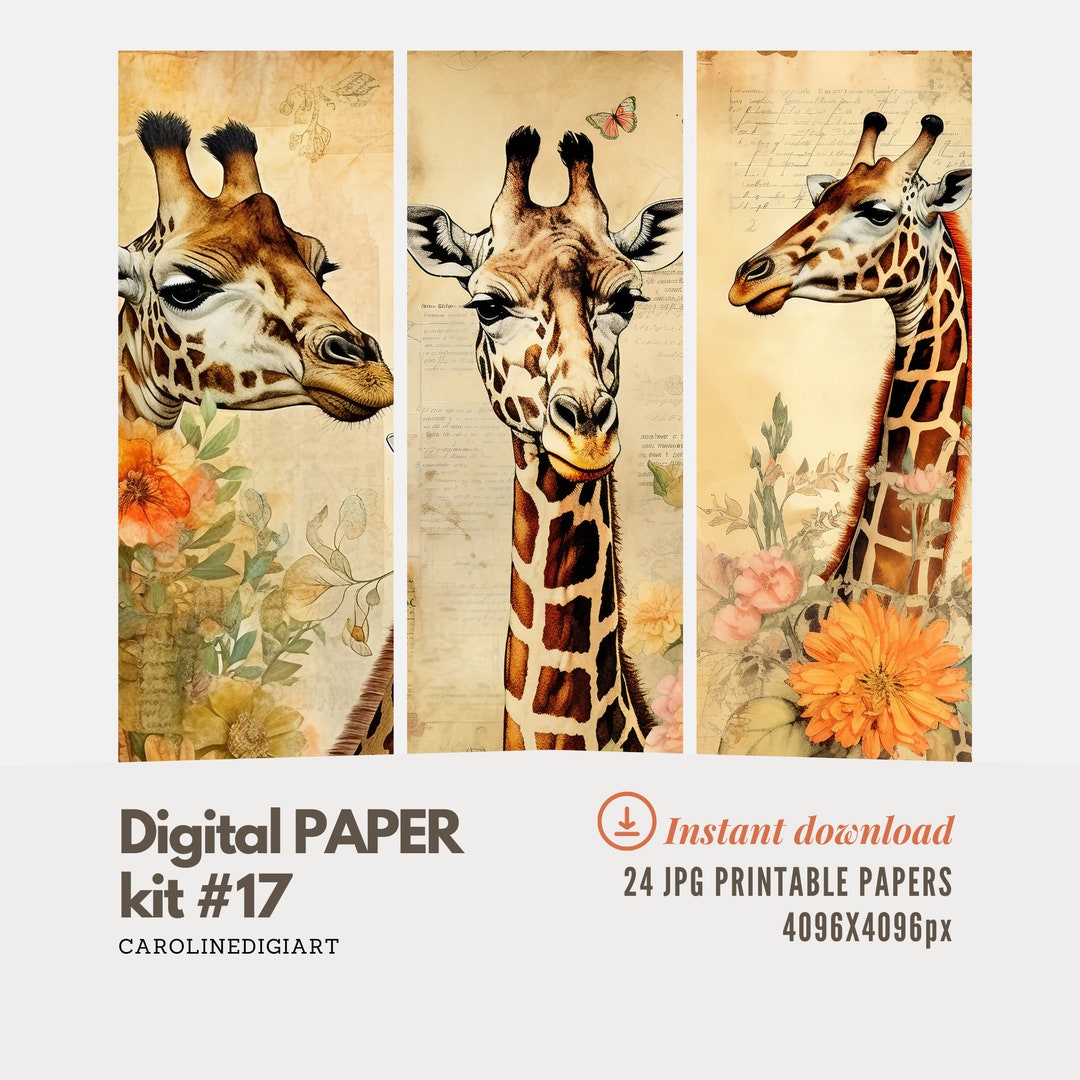 GIRAFFE Digital Paper Bundle Junk Journal African Animals Pattern ...