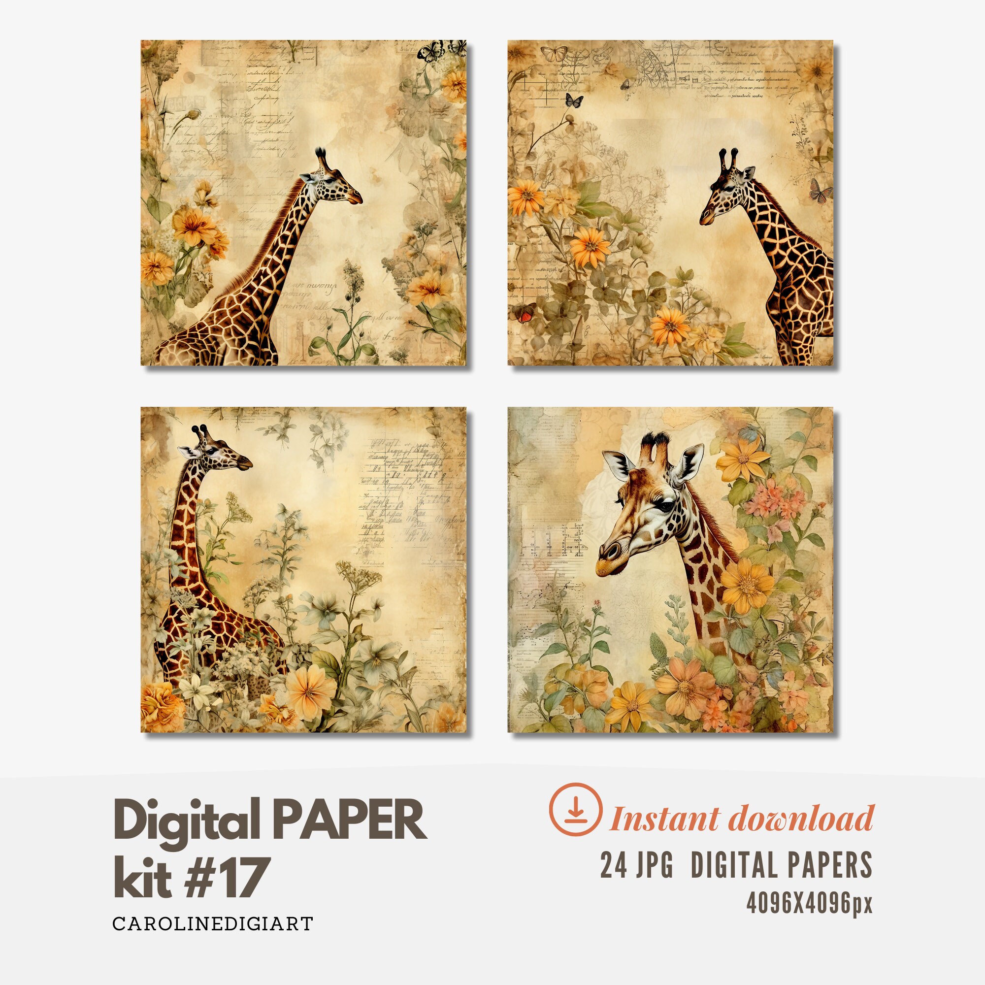 GIRAFFE Digital Paper Bundle Junk Journal African Animals Pattern ...