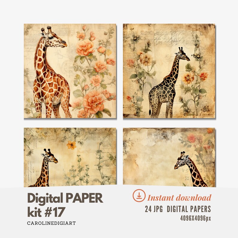 GIRAFFE Digital Paper Bundle Junk Journal African Animals Pattern ...