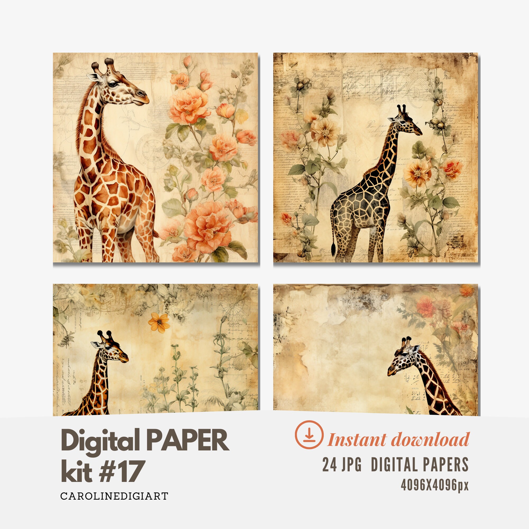 GIRAFFE Digital Paper Bundle Junk Journal African Animals Pattern ...