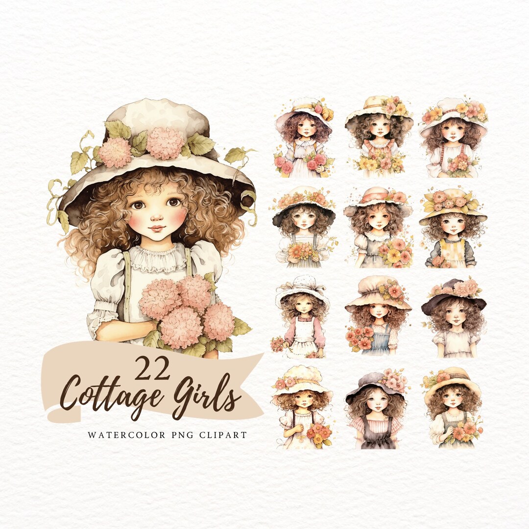 22 PNG Junk Journal Cottage Girls Clipart, Vintage Girls, Watercolor ...