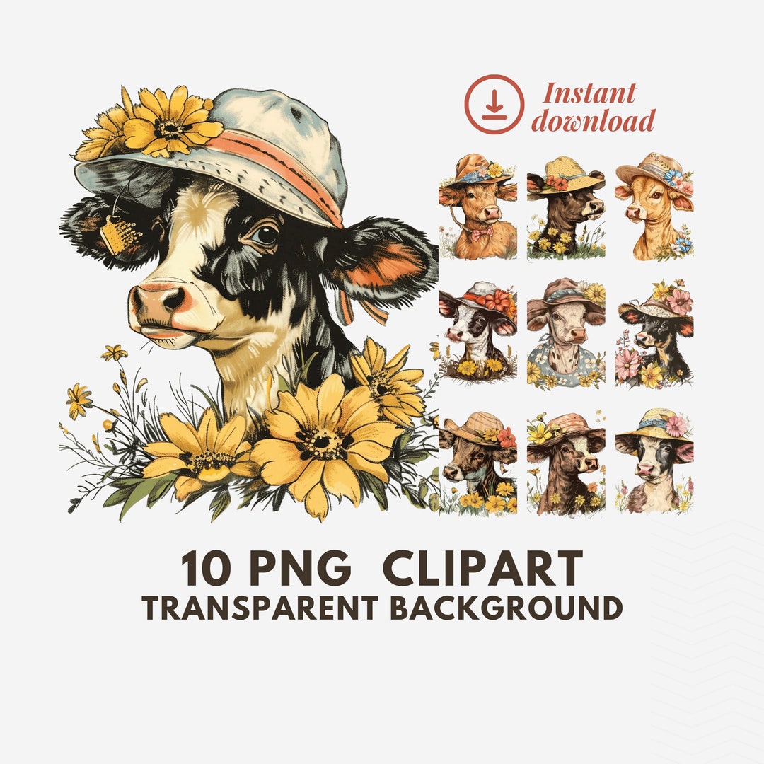 10 PNG Vintage Cow Junk Jourrnal Embellishments Lady Cow Stickers Cow ...
