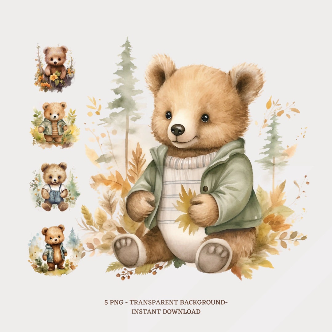 5 Cute Bear Illustrations in Watercolor Style,stickers,nursery Art ...
