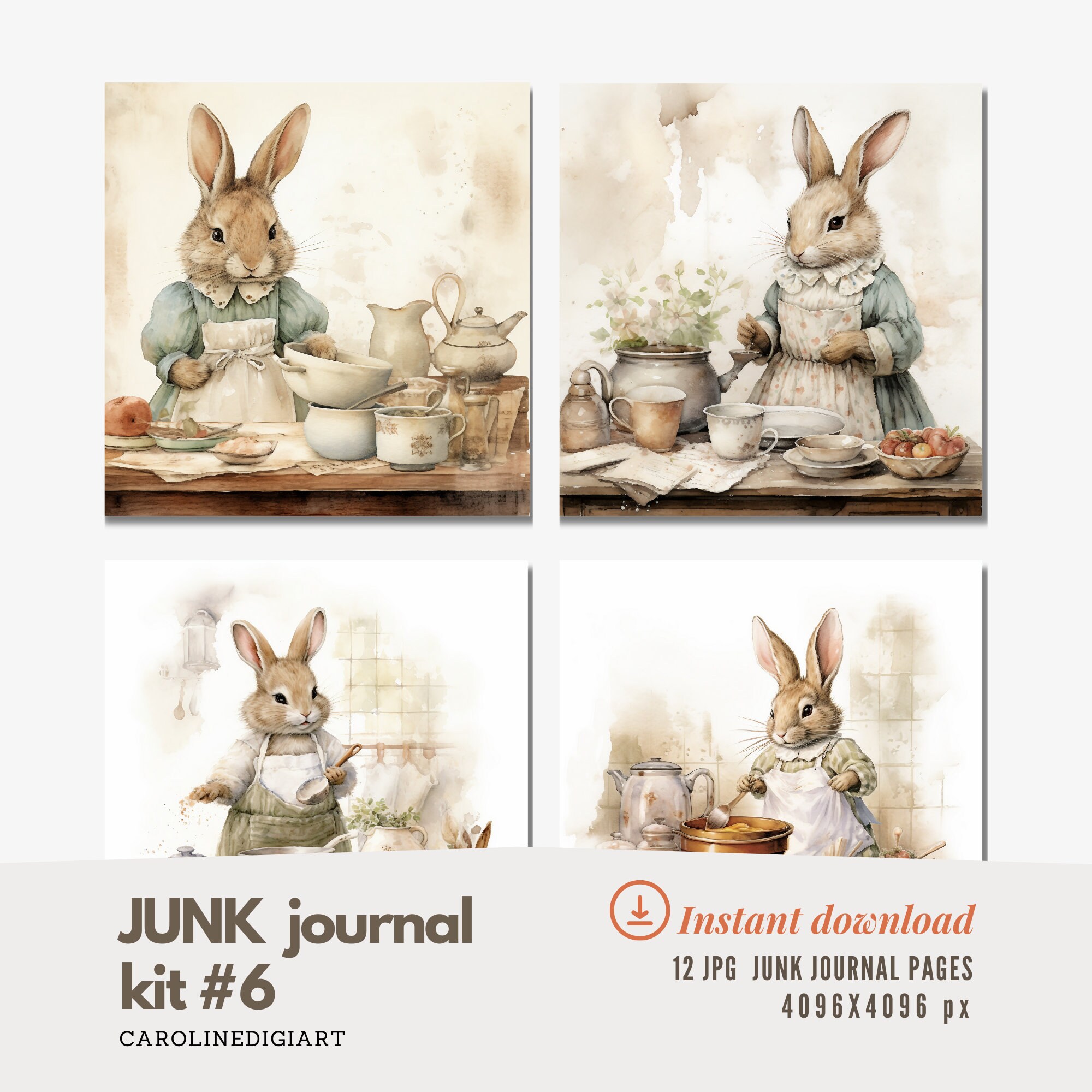 Bunnies Digital Paper Set for Junk Journals, Vintage Sketch and ...