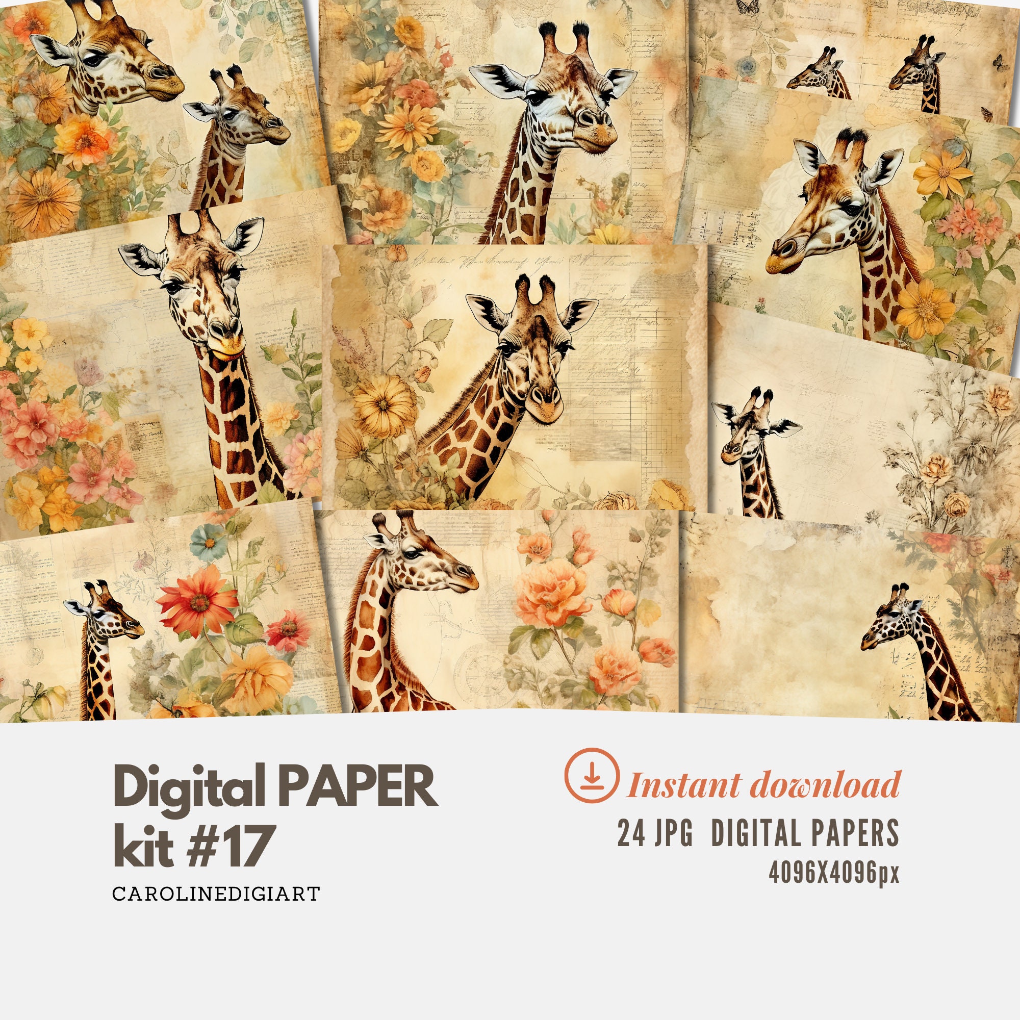 GIRAFFE Digital Paper Bundle Junk Journal African Animals Pattern ...