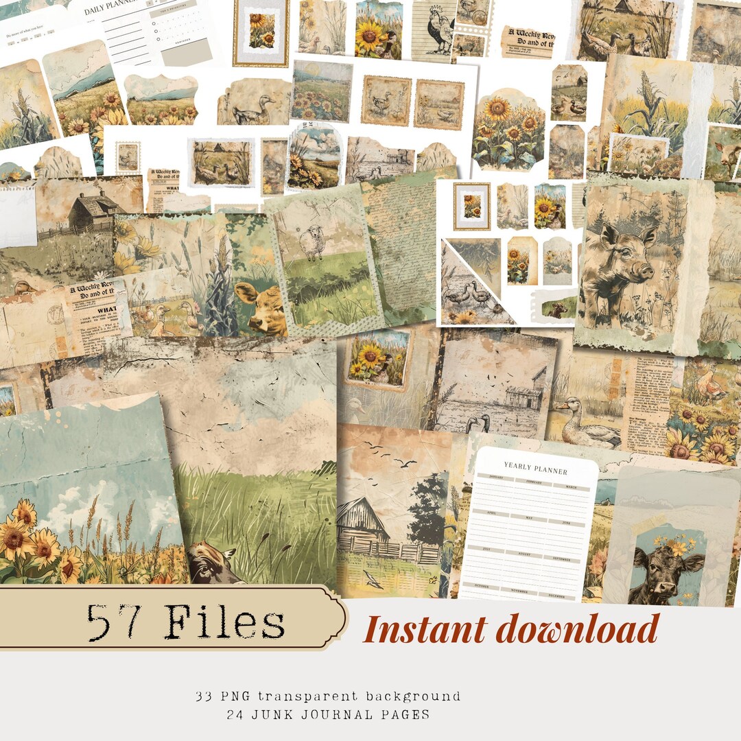 Junk Journal Paper Bundle Scrapbook Farm Animals Cow Pig Chickens ...