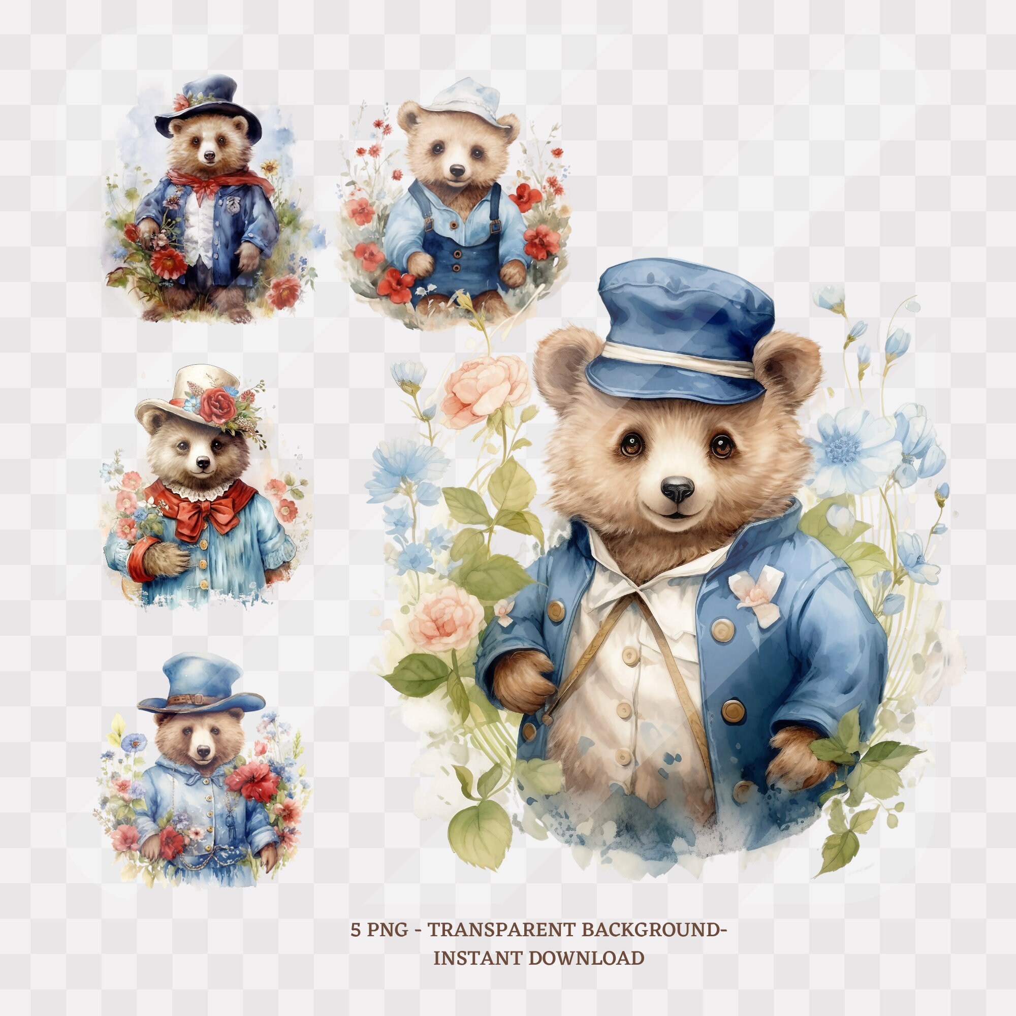 5 PNG Vintage Bear Illustrations Cottage Watercolor Bears in Vintage ...