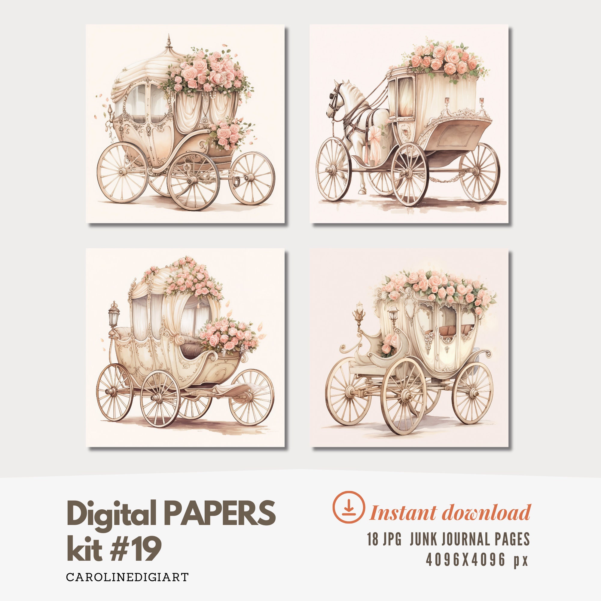 Princess Carriage Digital Paper Bundle Junk Journal Flowers Wedding ...