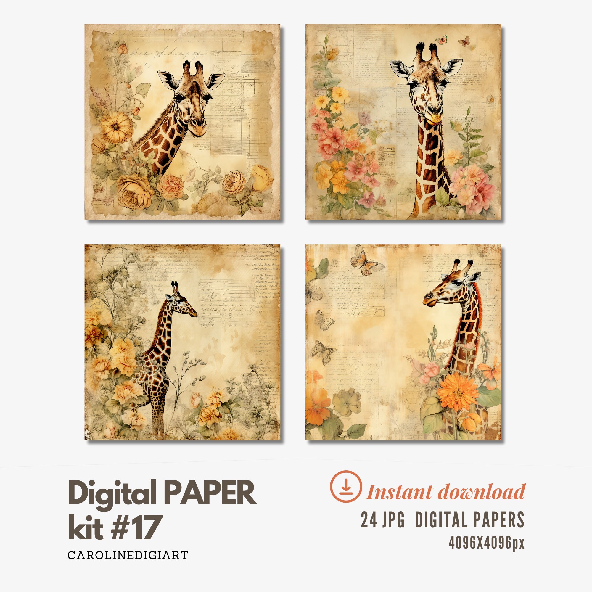GIRAFFE Digital Paper Bundle Junk Journal African Animals Pattern ...