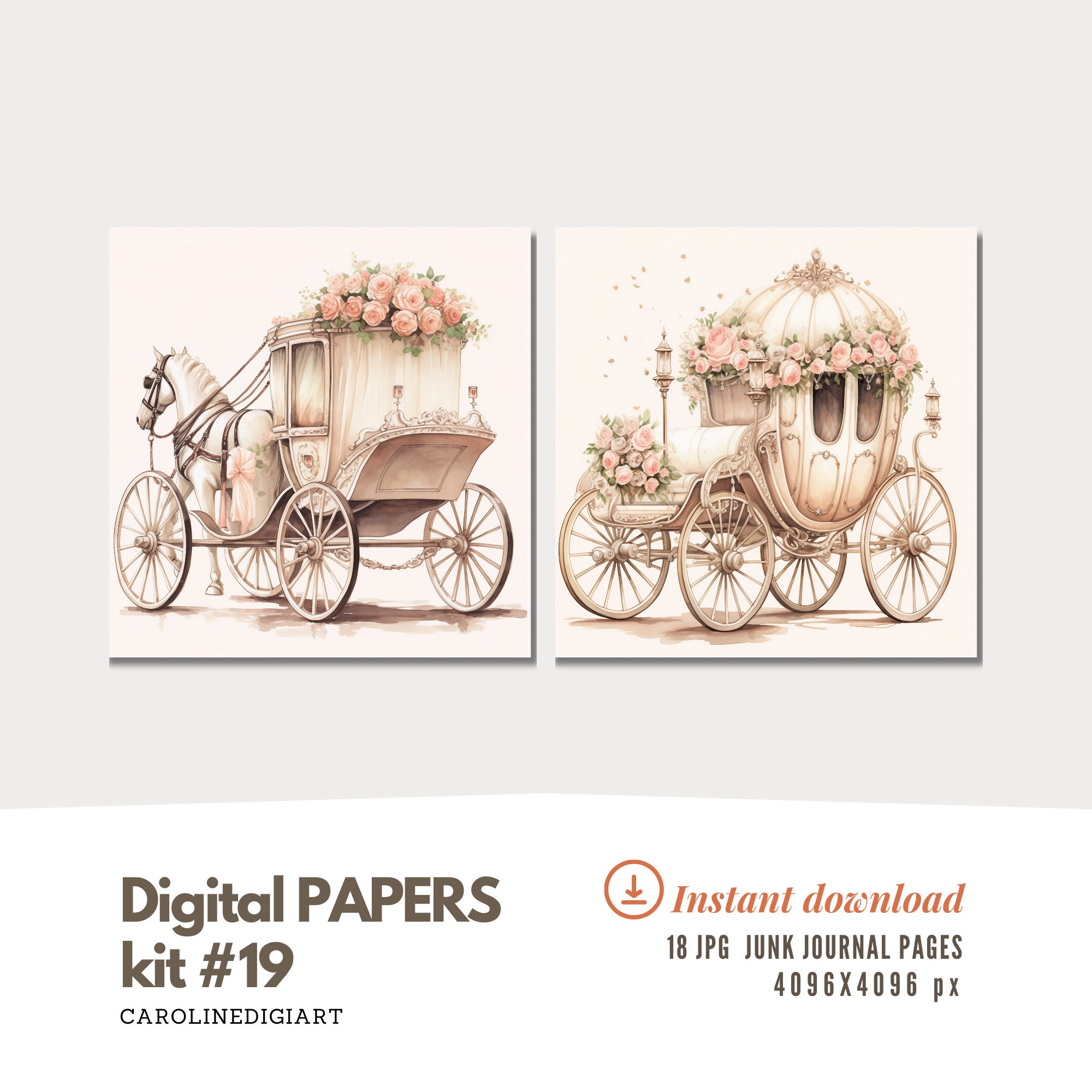 Princess Carriage Digital Paper Bundle Junk Journal Flowers Wedding ...