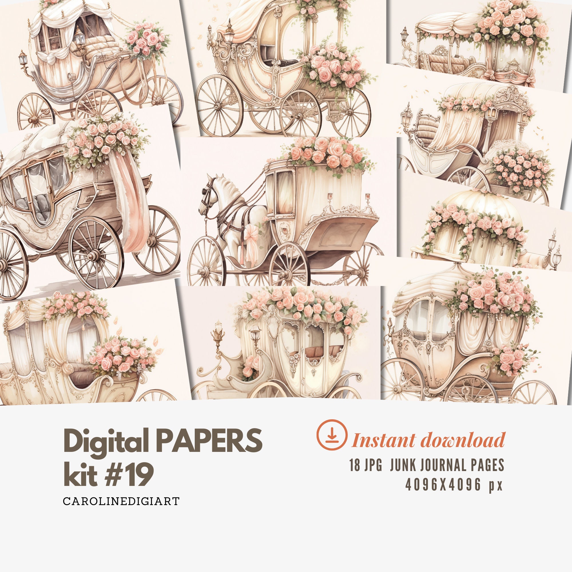 Princess Carriage Digital Paper Bundle Junk Journal Flowers Wedding ...
