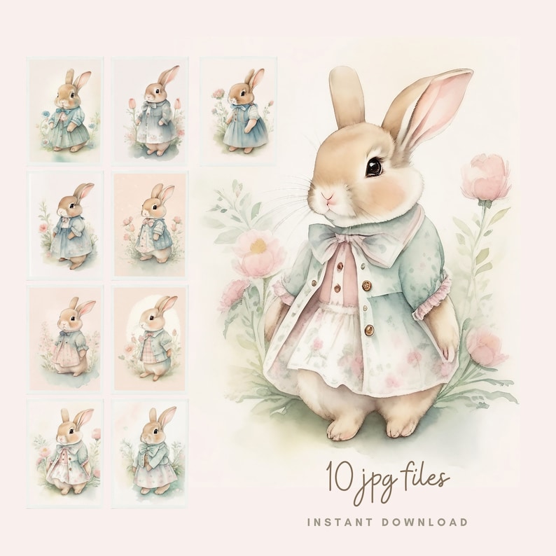 Watercolor Bunny Collection, Vintage Bunnies, Cute Bunnies, Printable ...