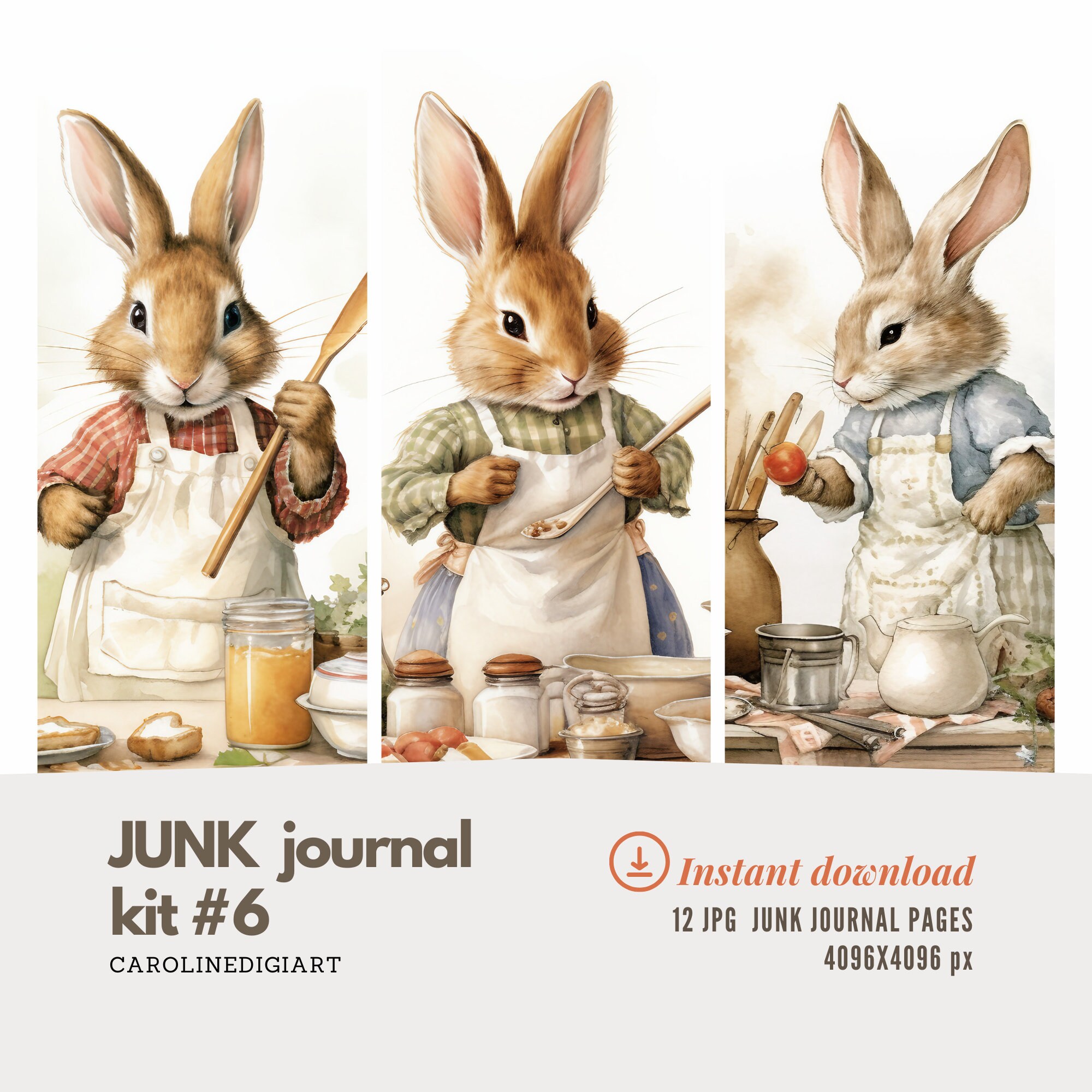 Bunnies Digital Paper Set for Junk Journals, Vintage Sketch and ...