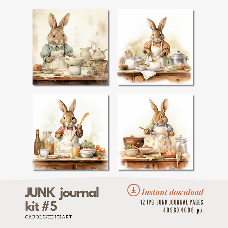 12 Printable Bunny PAGES Bunnies | Digital Paper Set for Junk Journals ...