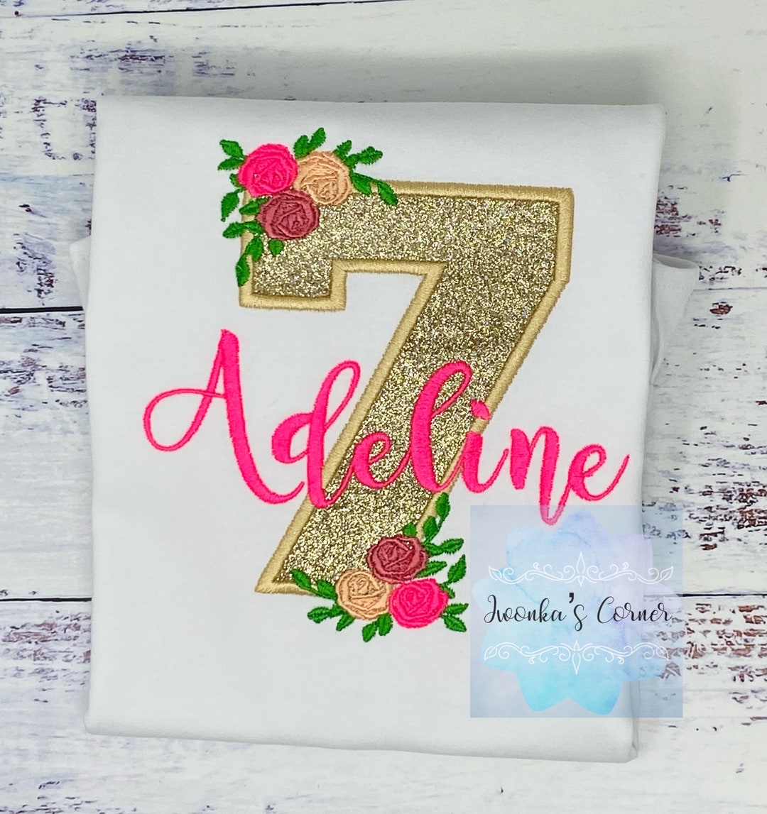 Golden 7th Birthday Shirt, Gold Glitter, Floral Birthday Shirt, Flower ...