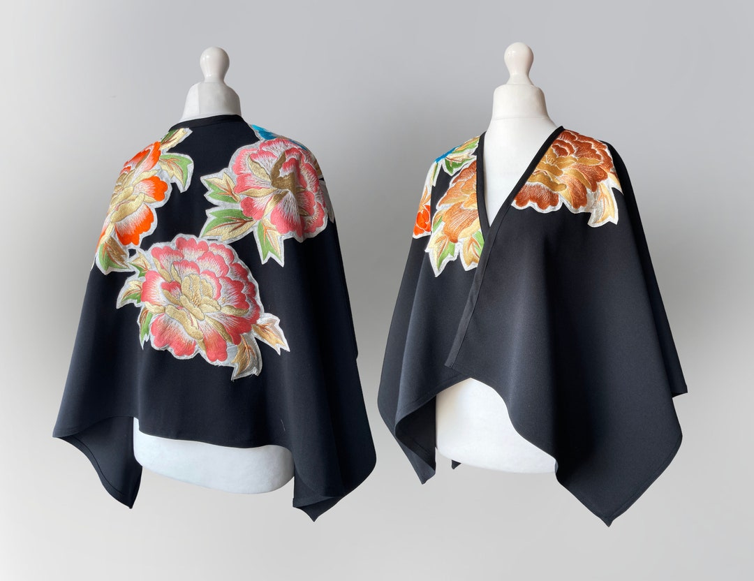 Cropped Embroidered Floral Caplet. Opera Cape. Large Hand Sewn Appliqué ...