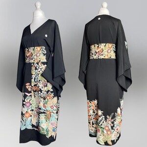 Black Wrap Kimono Gown. Dress With Obi Belt. Vibrant Garden Landscape With Phoenix Birds ...
