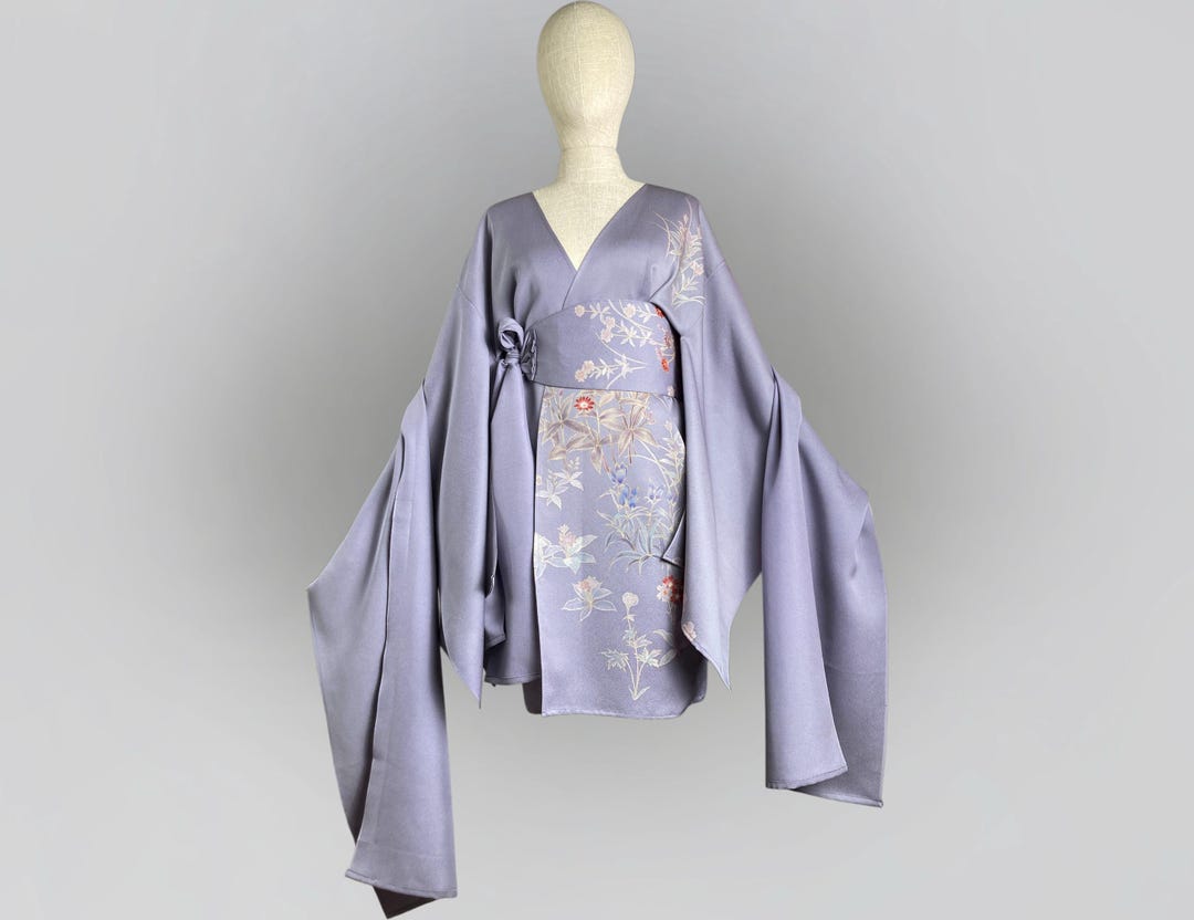 Purple Silk Robe With Obi & Shawl. Vintage Silk Kimono Outfit With Hand ...