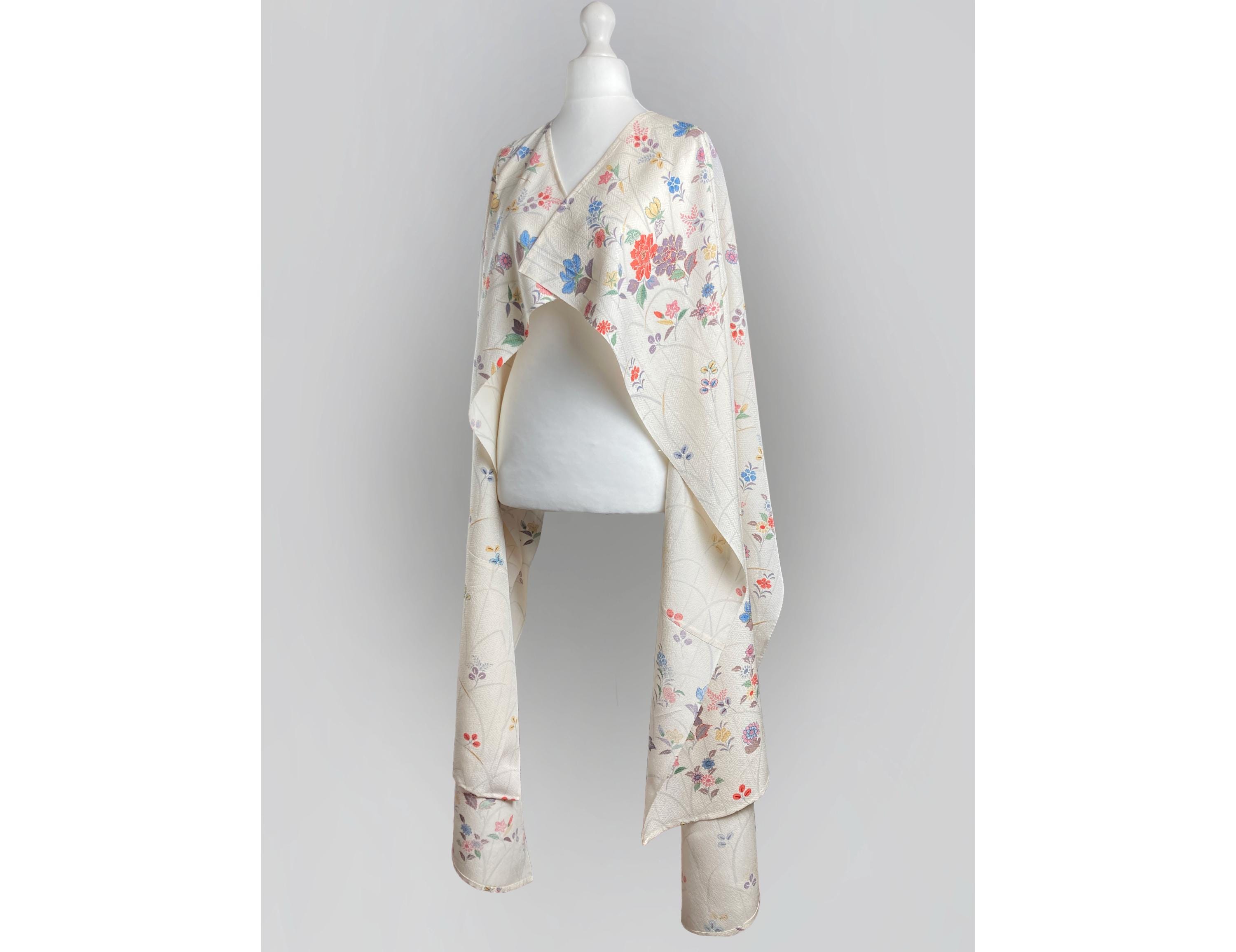 Ivory Floral Silk Capelet: Upcycled Vintage Kimono Bolero - Etsy