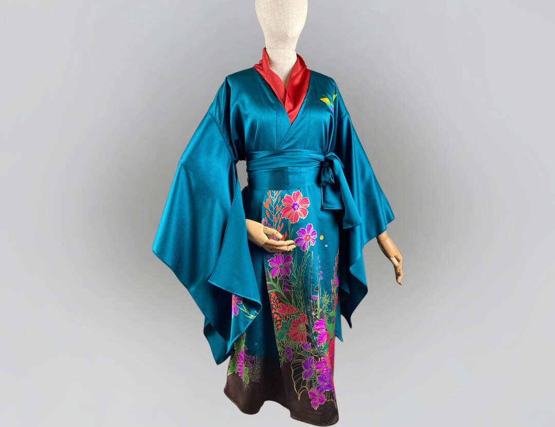 Upcycled Silk Cape Sleeve Gown: Cerulean Floral Kimono Robe - Etsy