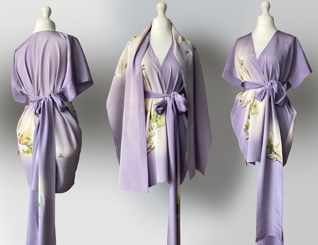 Hand-painted Purple Silk Kimono Robe Dress With Shawl: Japanese Village ...