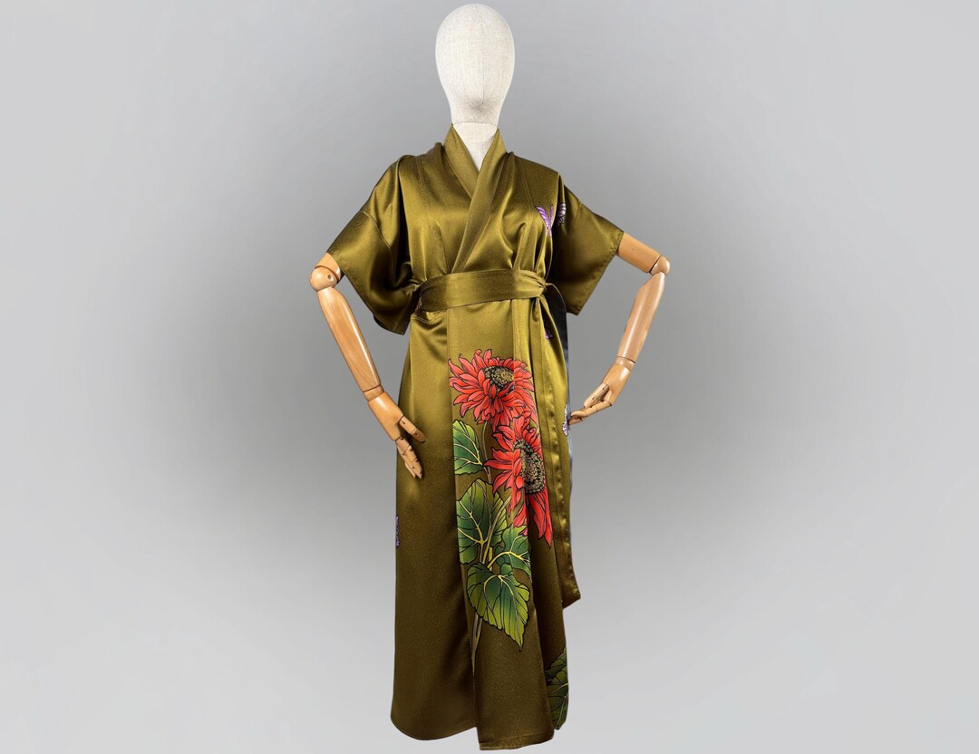 Olive Gold Silk Wrap Dress & Obi Belt - Vintage Japanese Glittering ...